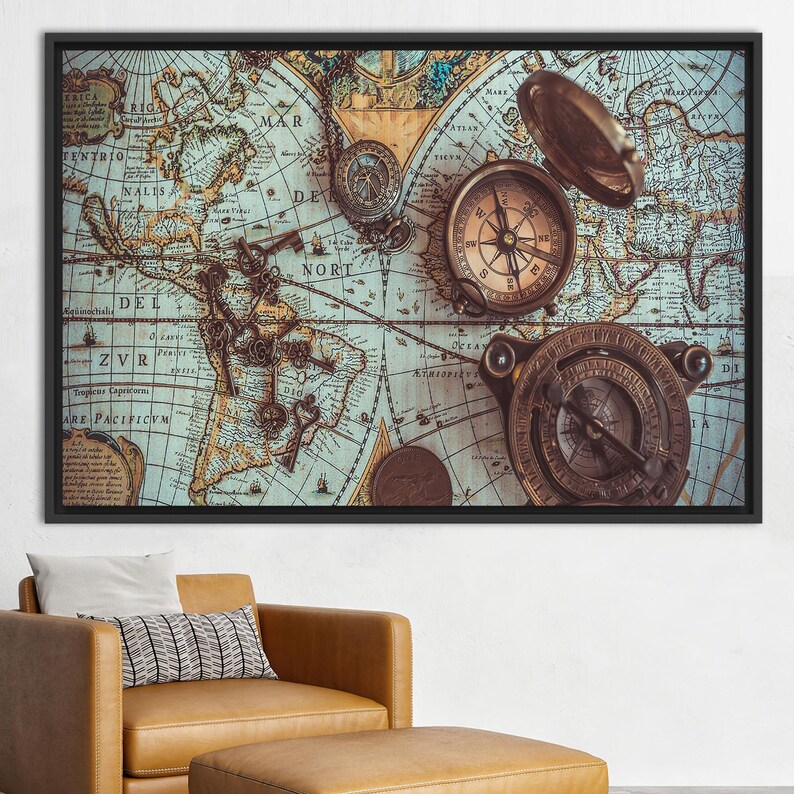 Compass Art Canvas, Vintage Map Art Canvas, Vintage World Map Art ...