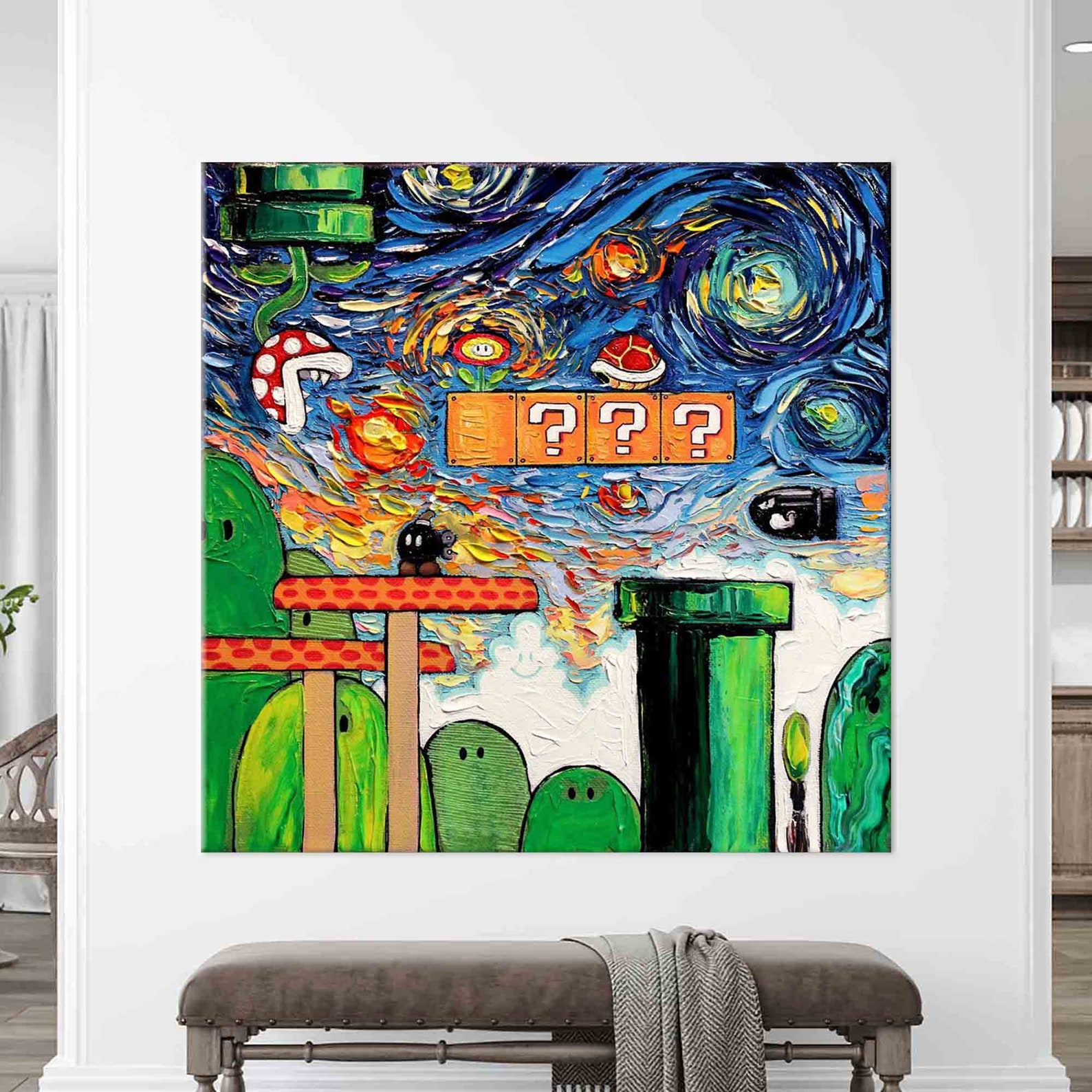 Mario World Van Gogh, Super Mario Canvas Gift, Van Gogh Canvas Decor ...