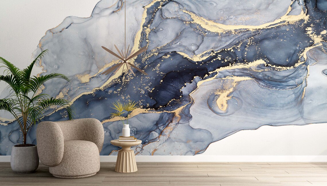 Blue Marble Wall Mural, Abstract Marble Wallpaper, Shimmery Wall Paper ...