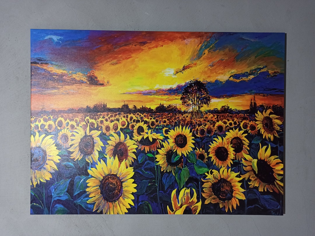 Sunflower Field Painting, Sunset Nature Landscape Canvas Art, Sunflower ...