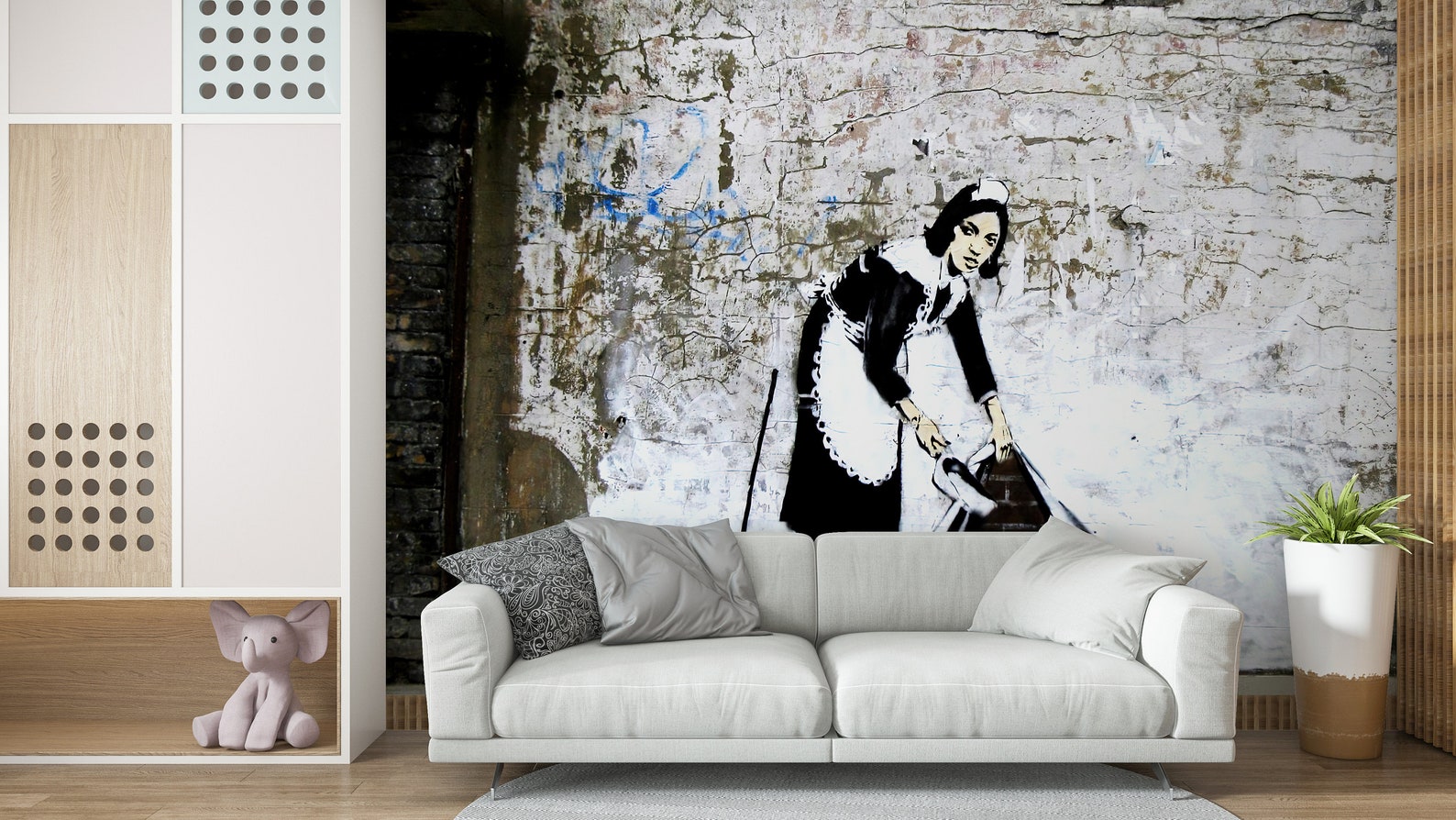 Maid Sweeping Wall Print, Banksy Maid Graffiti Mural, Abstract Wall ...