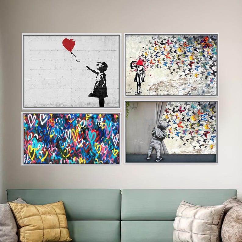 Banksy Style Street Art Print Set, Balloon Girl and Graffiti Wall Decor ...