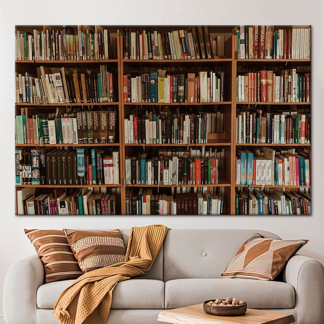 Vintage Bookshelf Canvas Art, Library Wall Decor, Cozy Reading Nook ...