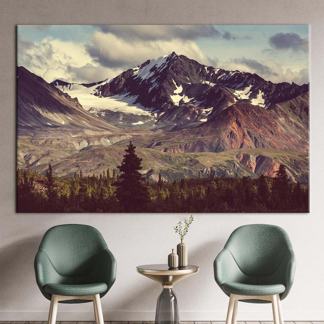 Majestic Mountain Landscape Wall Art, Glacier Peak Nature Print, Rustic ...