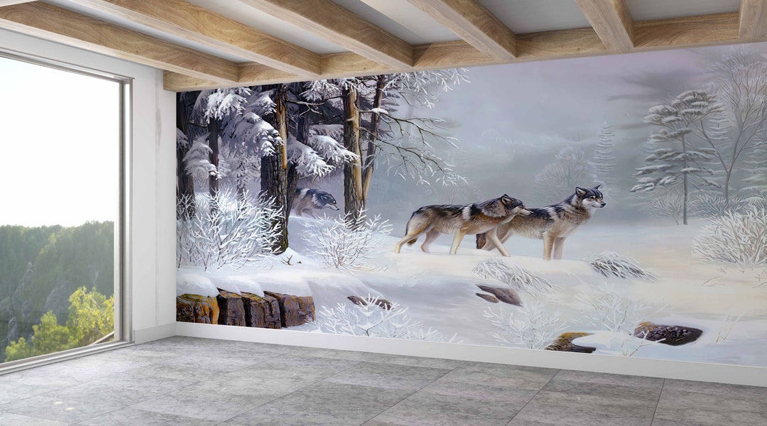Forest Wallpaper, Landscape Mural, Wolf Wall Art, Farmhouse Wall Art ...