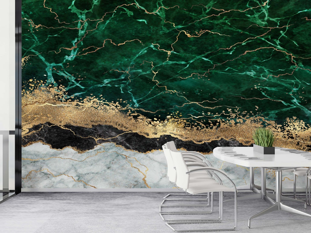 Green Gold Marble Wall Mural, Abstract Wall Painting, Modern Wall Mural ...