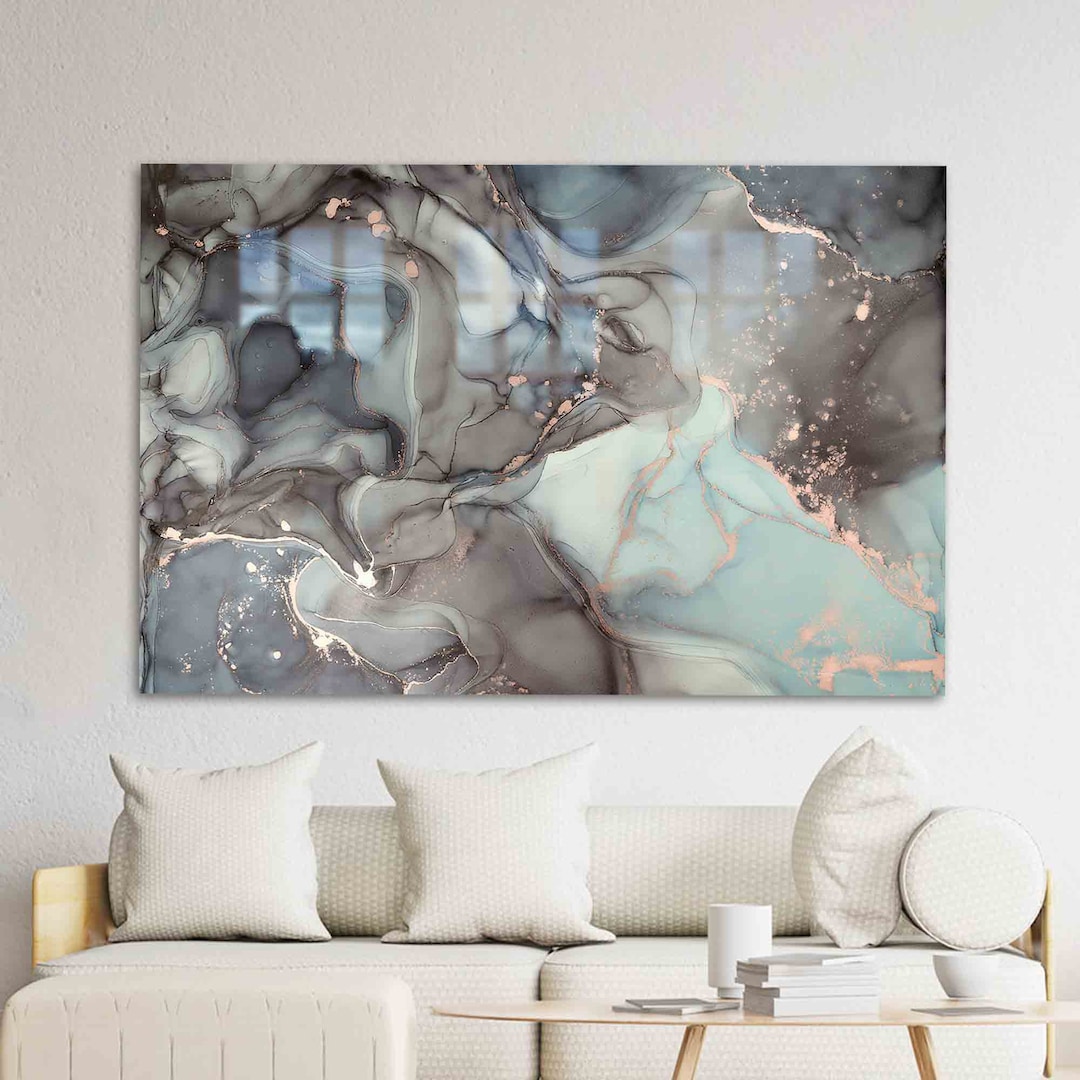 Wall Decoration, Glass Wall Decor, Glass Wall Art, Gray and Blue Marble ...