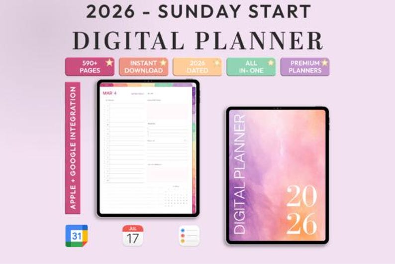 2026 Pastel Digital Planner Sunday Start | Portrait Hyperlinked iPad ...