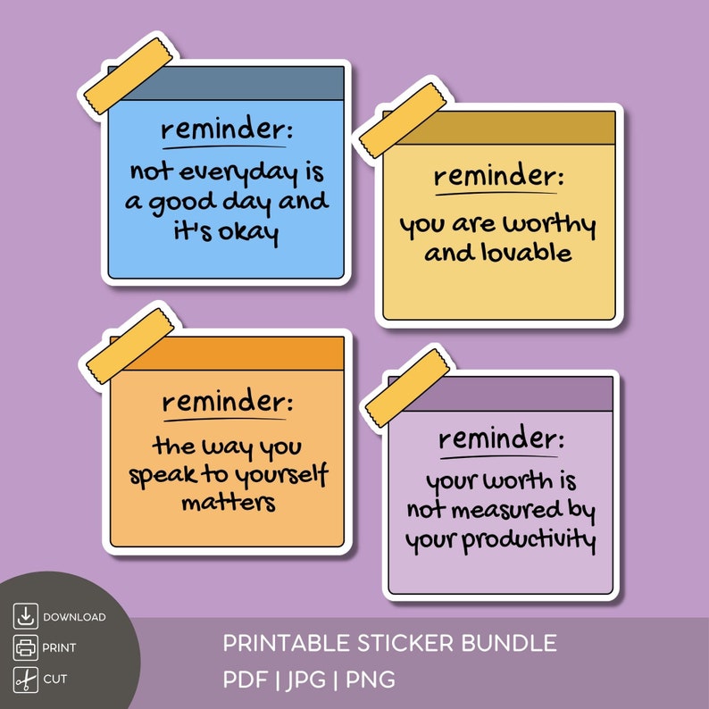 Mental Health Printable Stickers, Sticky Note Reminder Stickers ...