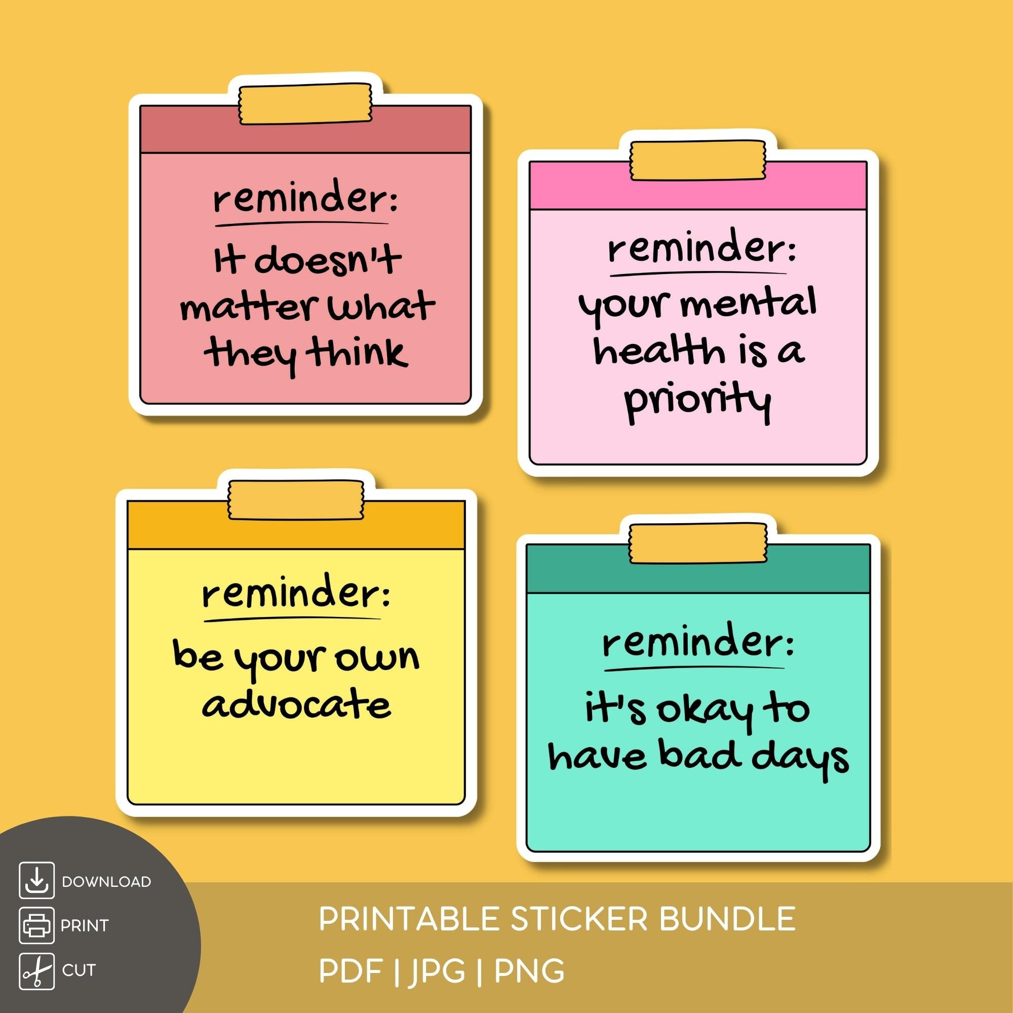 Mental Health Printable Stickers, Sticky Note Reminder Stickers ...