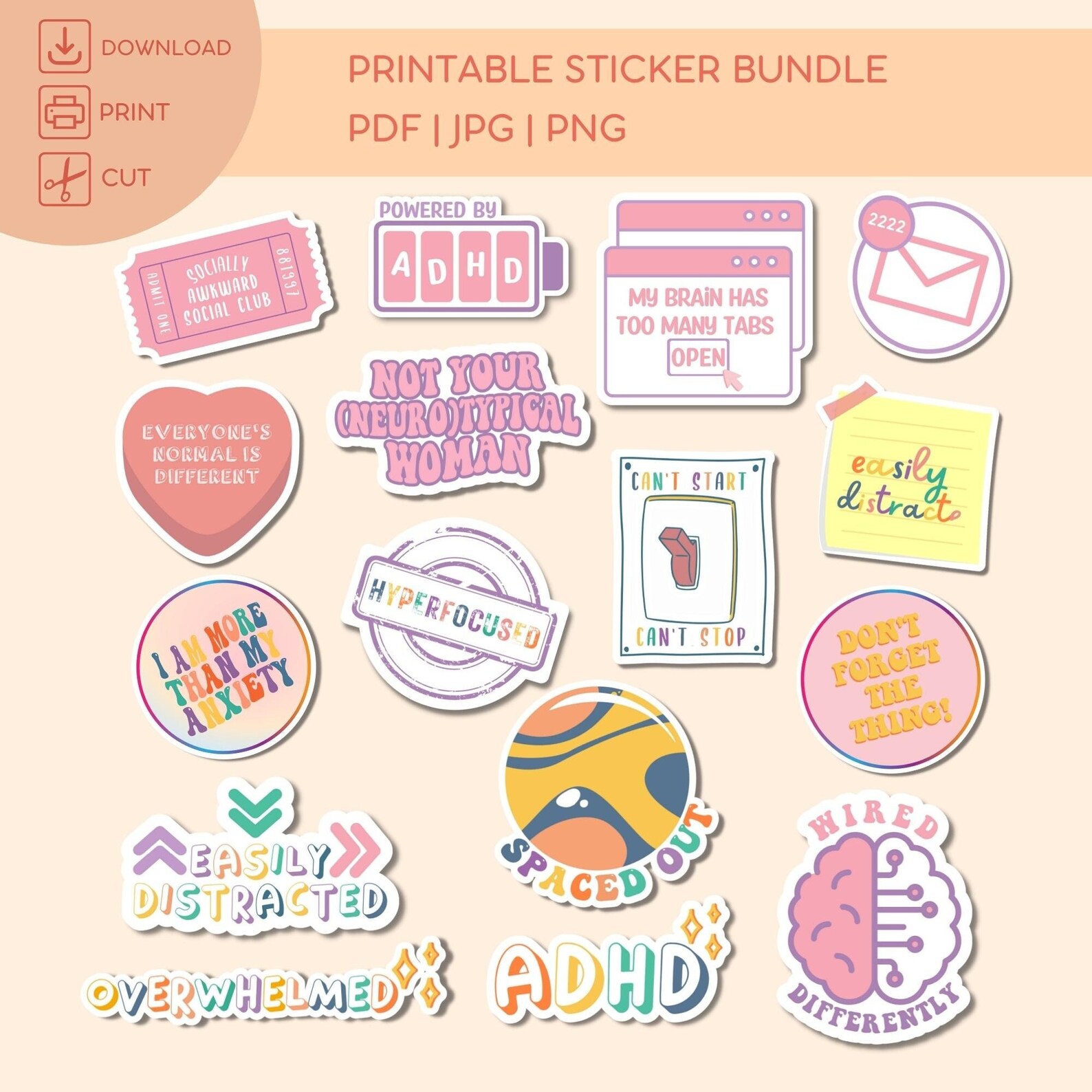 ADHD Sticker Printable ADHD Sticker Pack ADHD Planner - Etsy