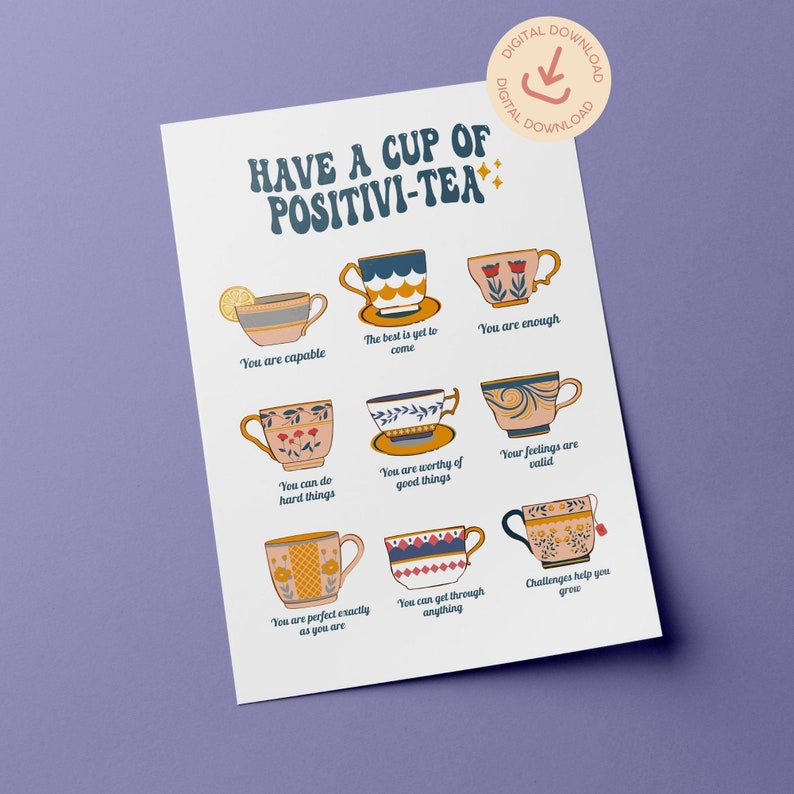 Positivitea Poster, Mental Health Printable Wall Art, Therapy Office ...