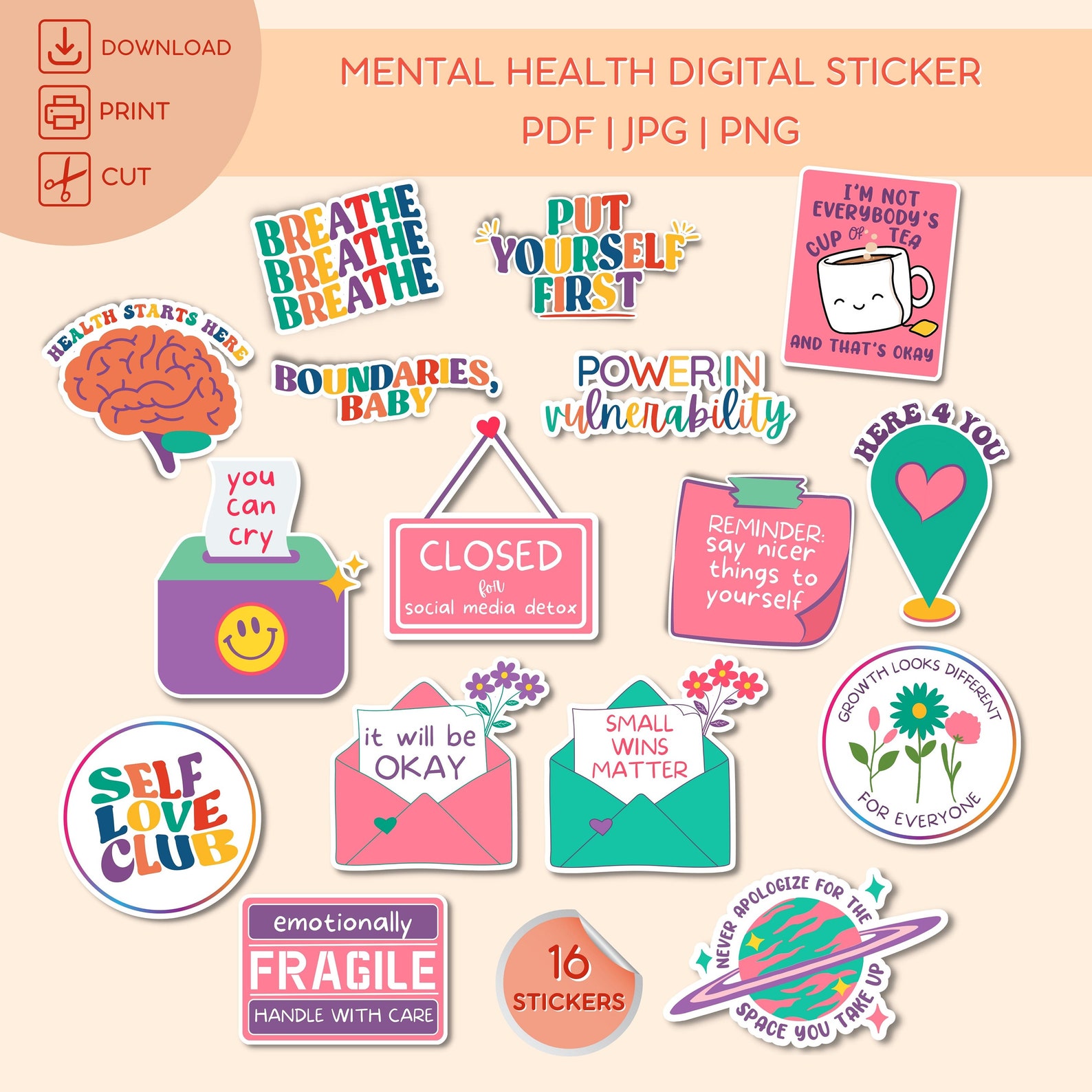 Mental Health Stickers, Digital Mental Health Sticker, Self-care ...