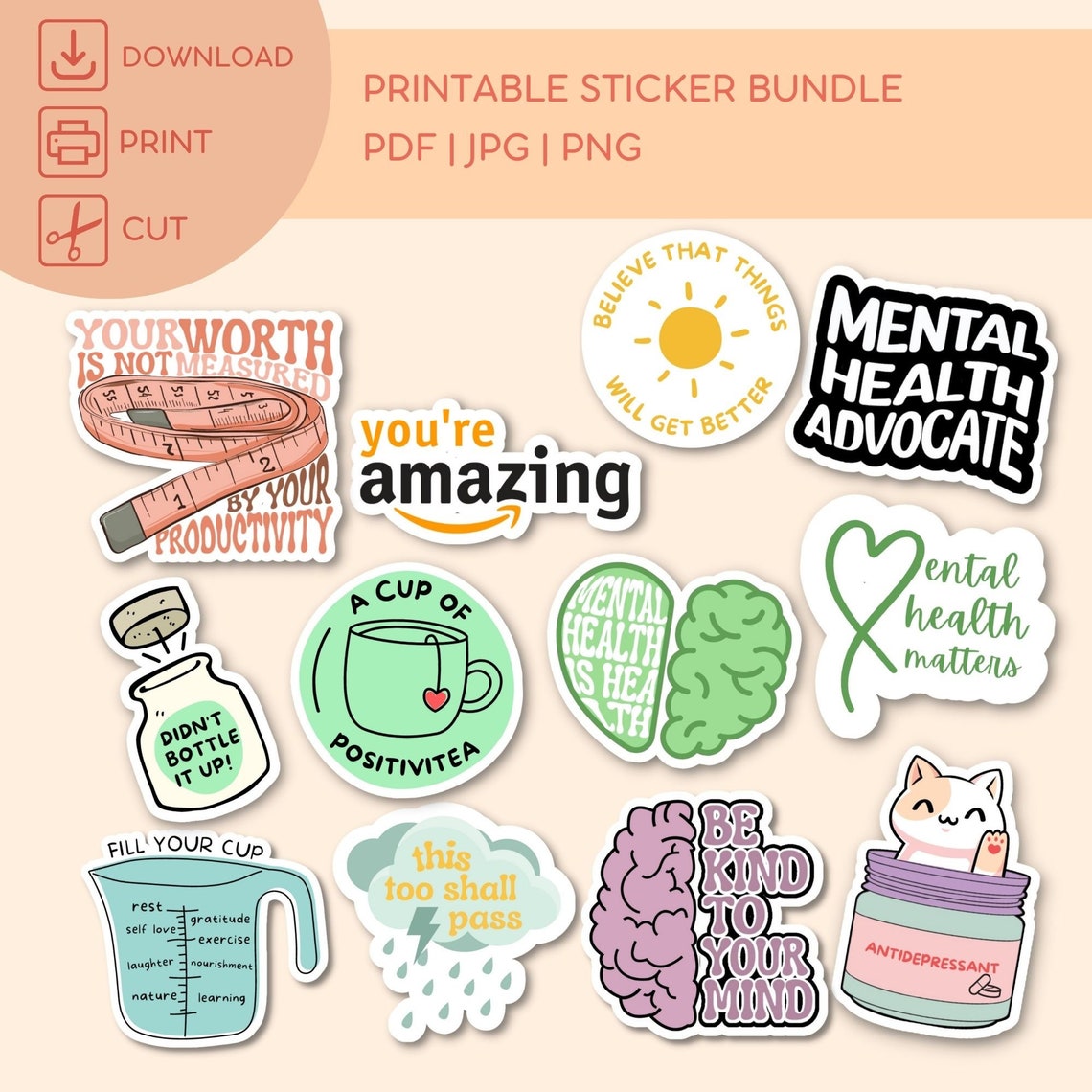 Mental Health Stickers: Self-care Scrapbook Stickers (digital Download ...