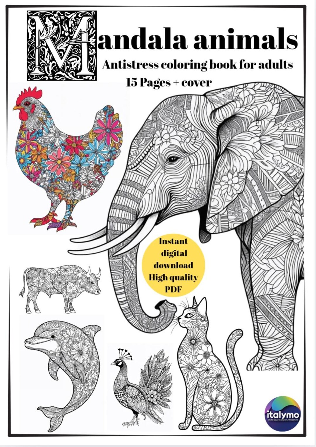 Mandala Animals Coloring Book for Adults. 15 Stress Relief Pages ...