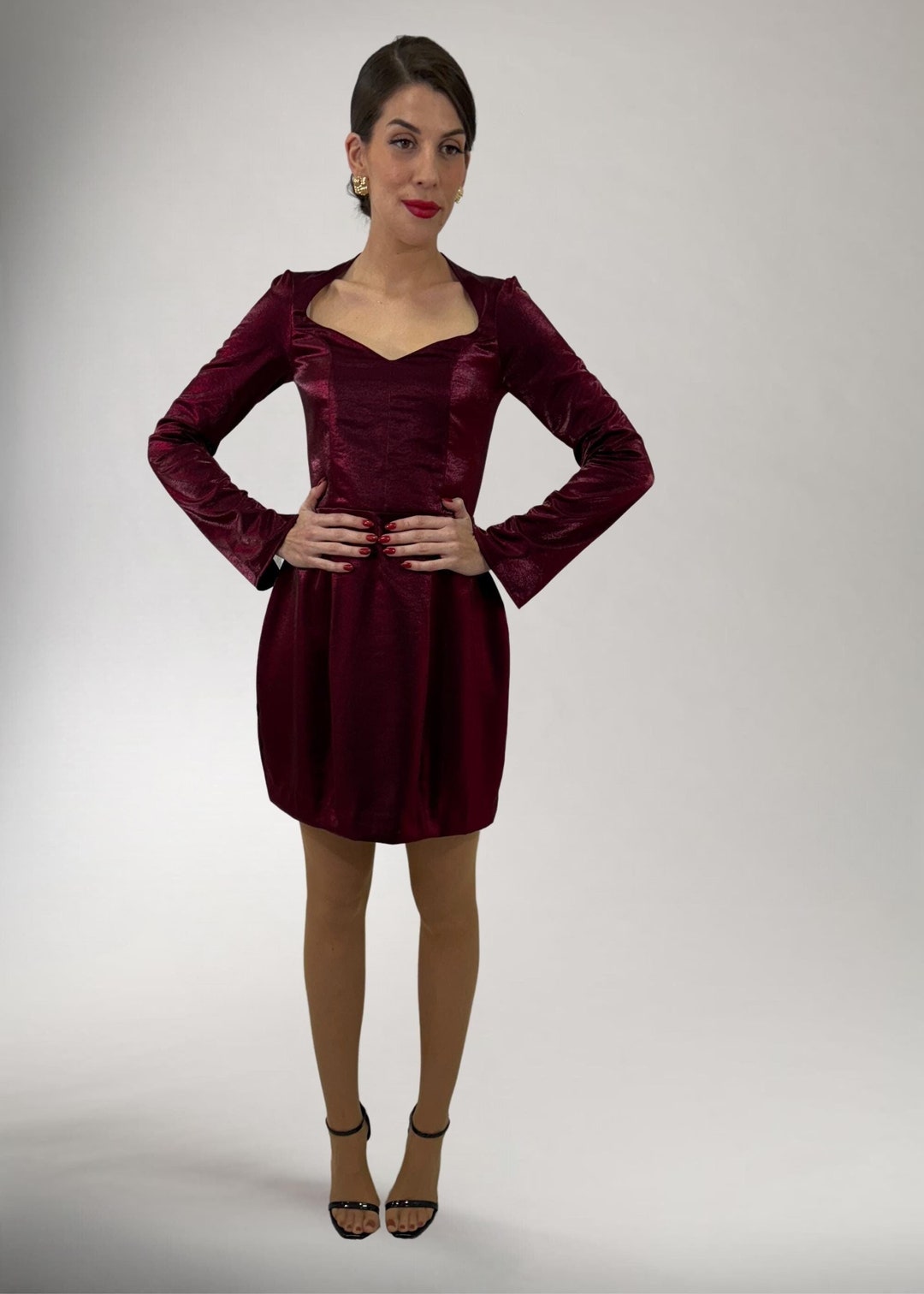 Women's Balloon Mini Dress, Cocktail Party Shimmering Burgundy Dress ...