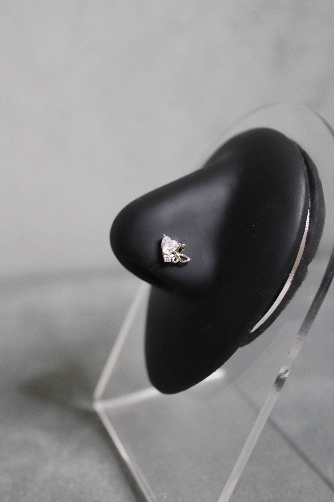Butterfly Heart Silver Nose Ring, CZ Nose Stud, Surgical Steel, 20G, L ...