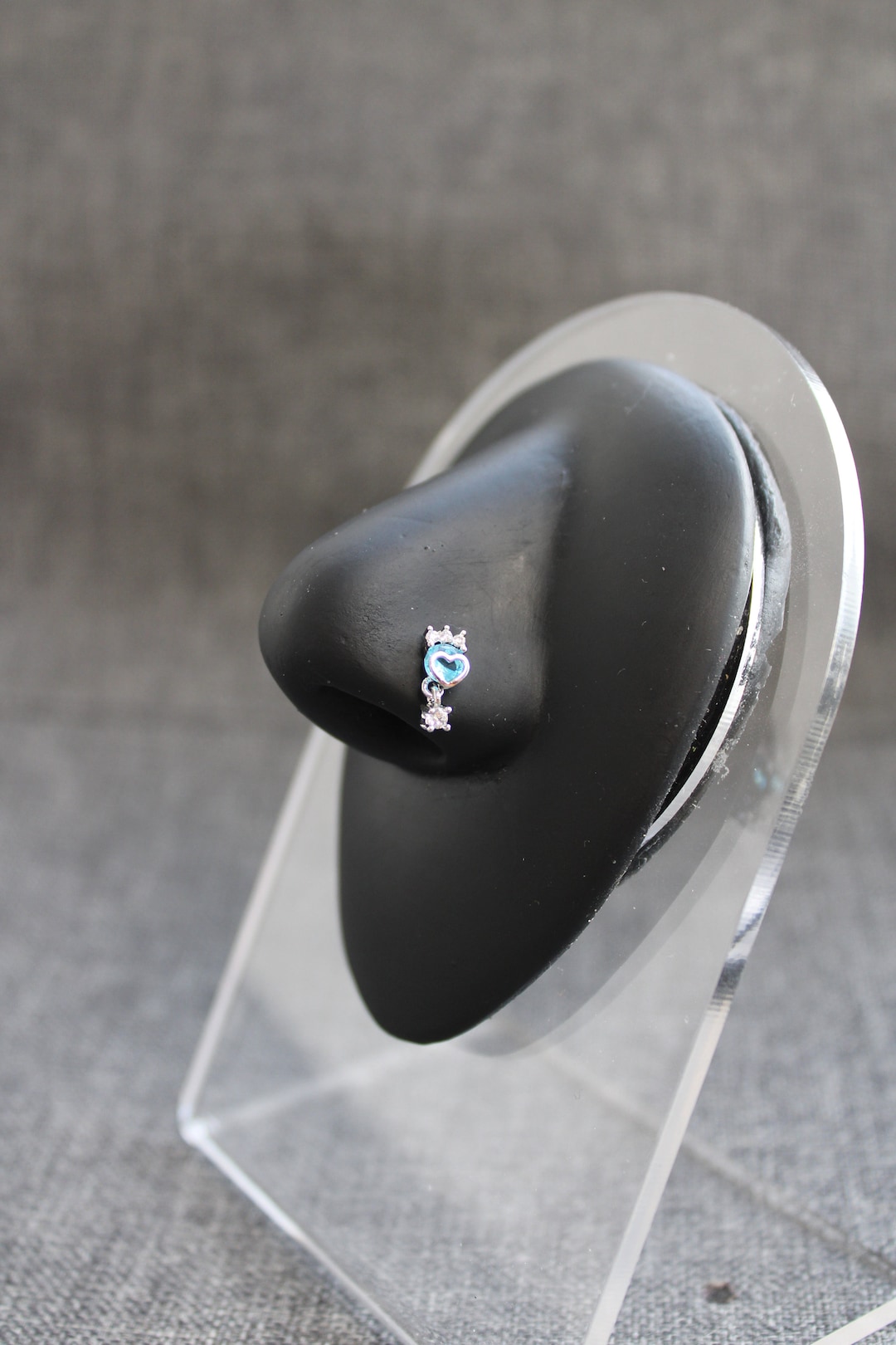 Blue Heart Nose Ring, Silver, CZ Nose Ring, L Bend, Dangle Nose Ring ...