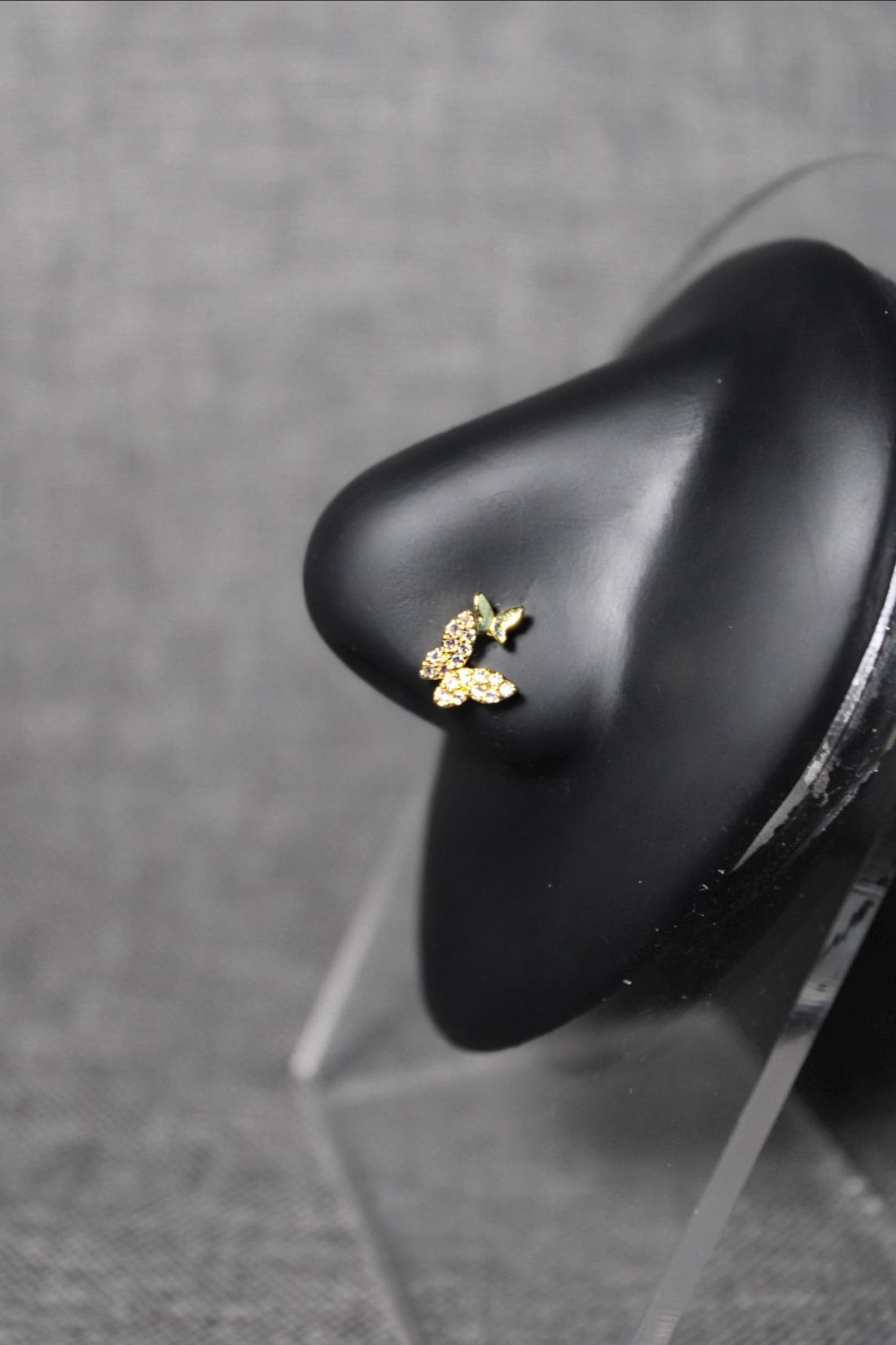 Double Butterfly Nose Ring, Gold Nose Rings, CZ Stone, Surgical Steel ...