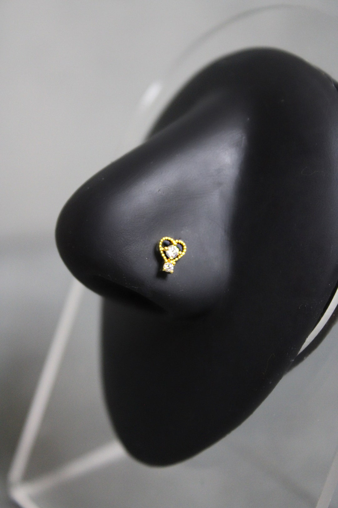 Mini Heart Gold Nose Ring, Mini Nose Ring, CZ Nose Ring Stud, L Shaped ...