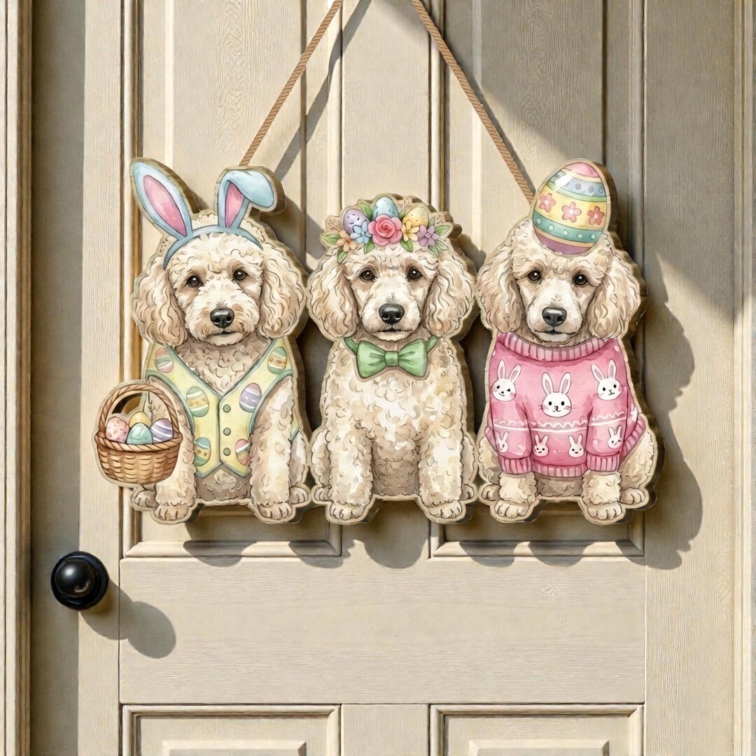 Easter Poodle Wooden Door Sign, Bunny Poodle Spring Decor, Cute Easter ...