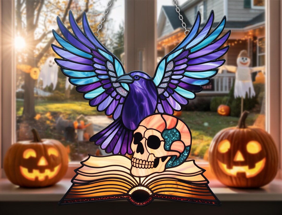 Purple Raven Stained Glass Suncatcher – Skull & Spellbook Gothic Window ...