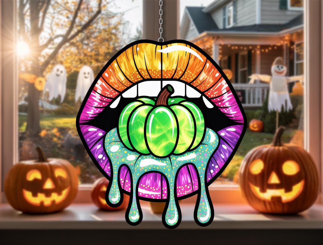 Rainbow Lips Pumpkin Suncatcher – Neon Halloween Window Decor, Colorful ...
