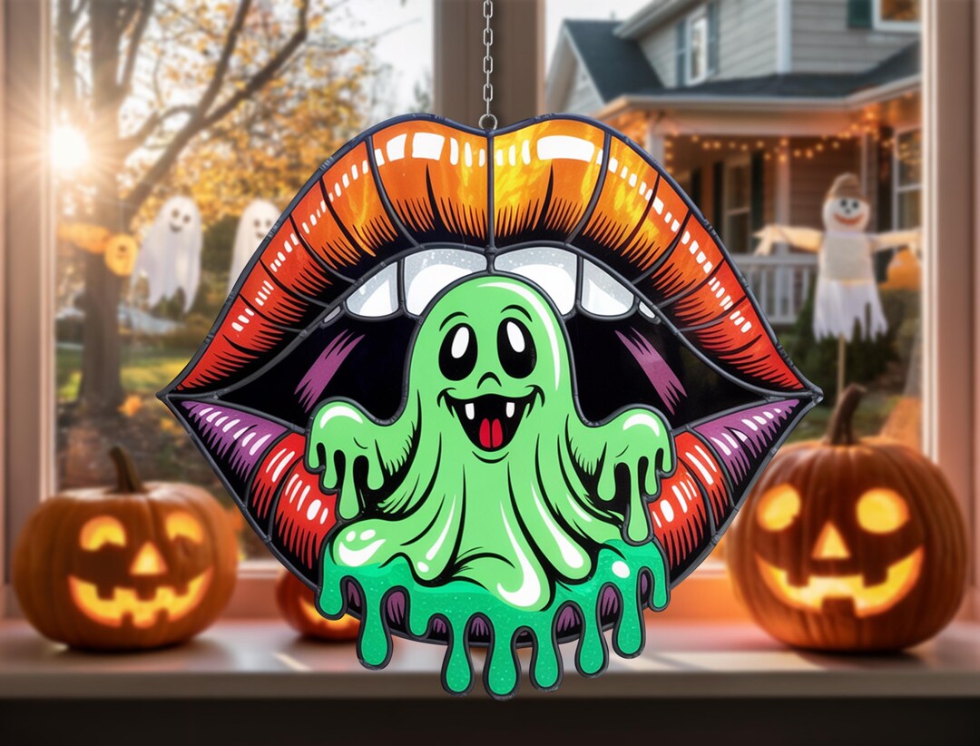 Cute Ghost Dripping Lips Suncatcher – Spooky Halloween Stained Glass ...