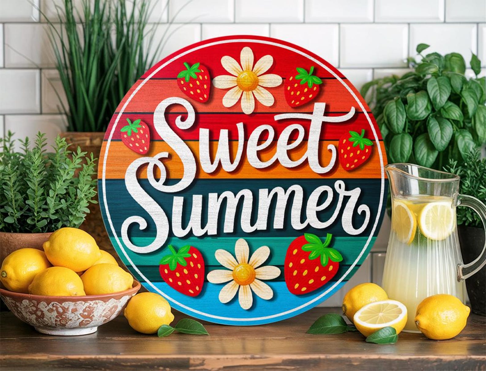 Summer Door Hanger Sweet Summer Sign With Strawberries and Daisies ...