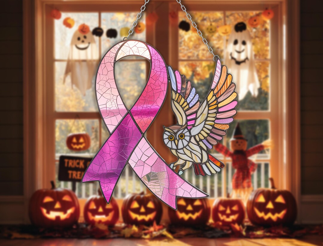 Pink Ribbon Owl Stained Glass Suncatcher – Breast Cancer Awareness ...