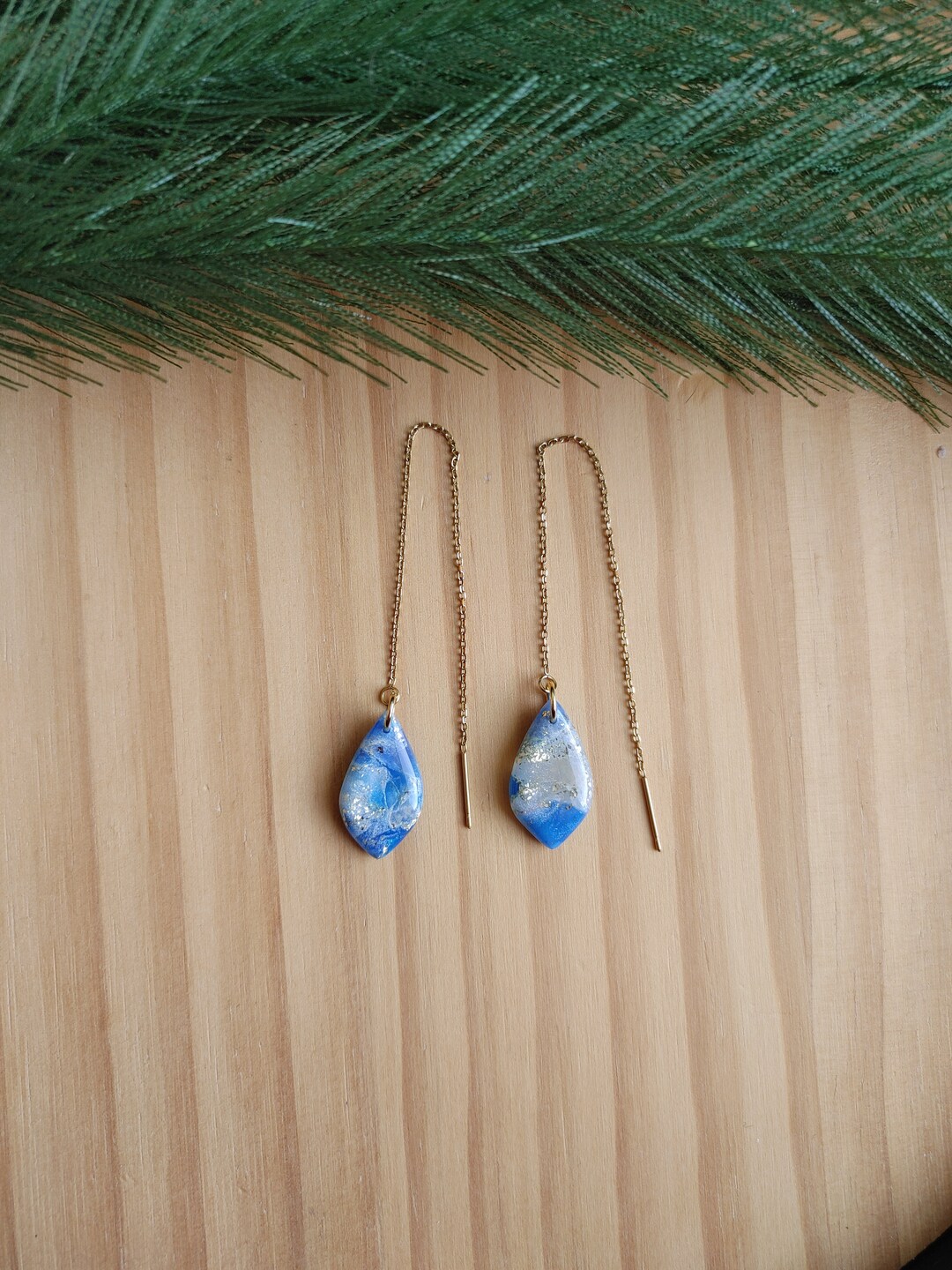 Translucent Blue and Gold Faux Stone Teardrop Threader Earrings ...