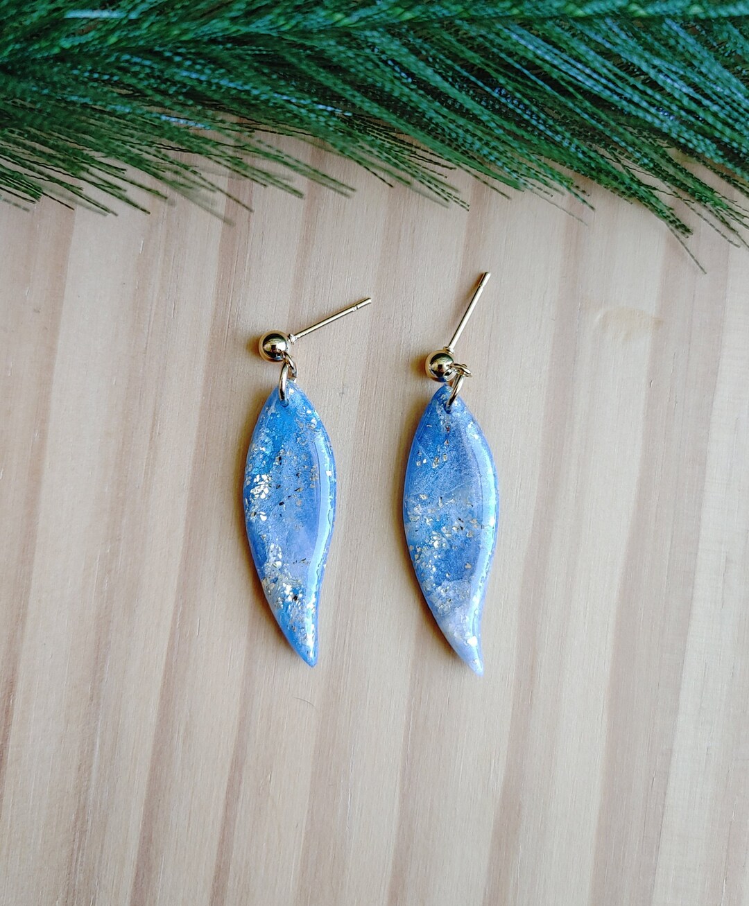 Translucent Blue and Gold Faux Stone Swoop Cutout Earrings, Polymer ...