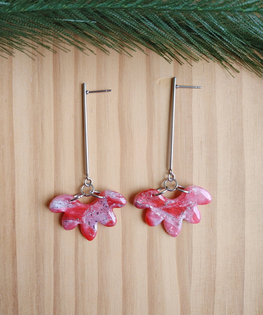 Translucent Red and Silver Faux Stone Floral Long Drop Statement ...