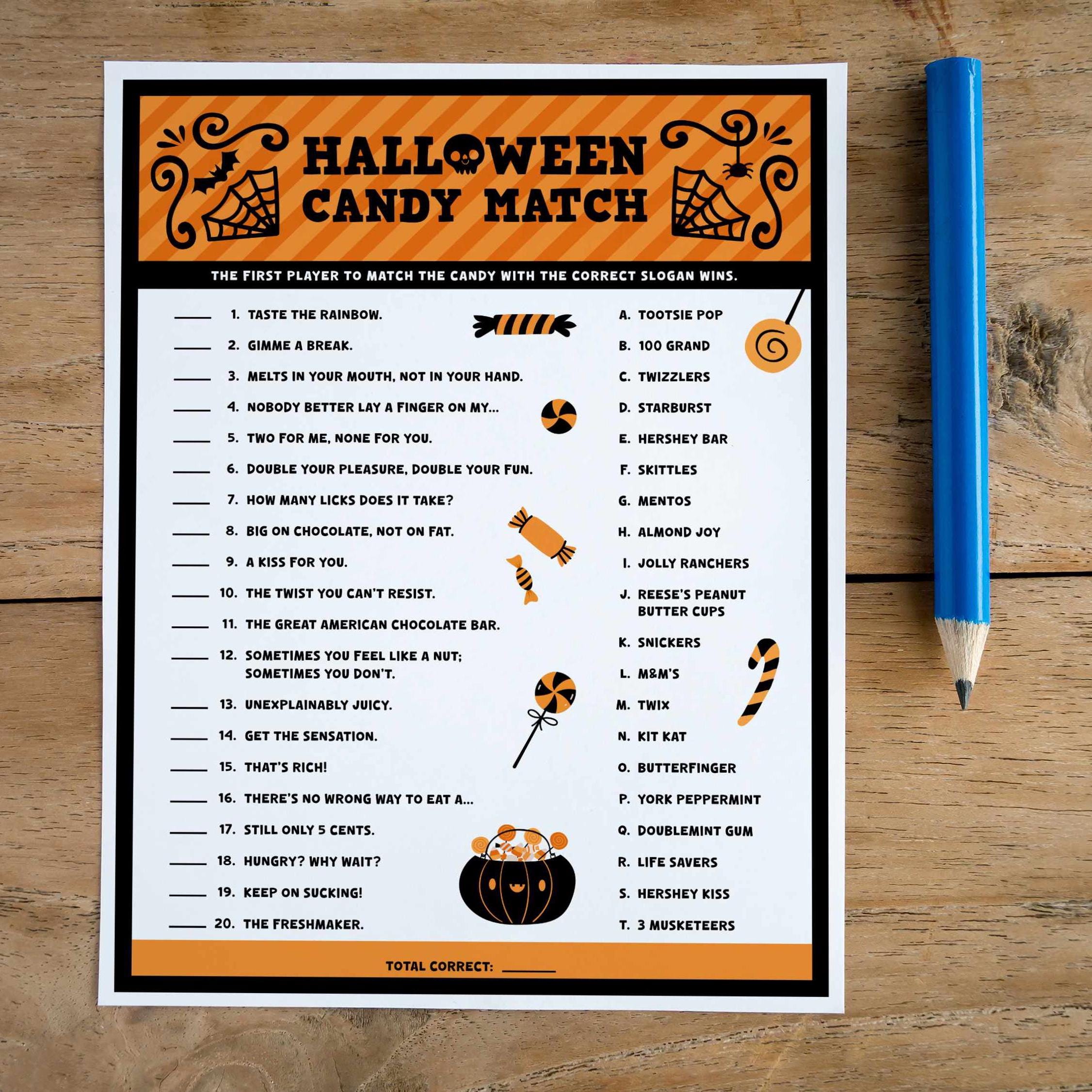 Halloween Candy Match Game, Printable Halloween Party Activity for Kids ...