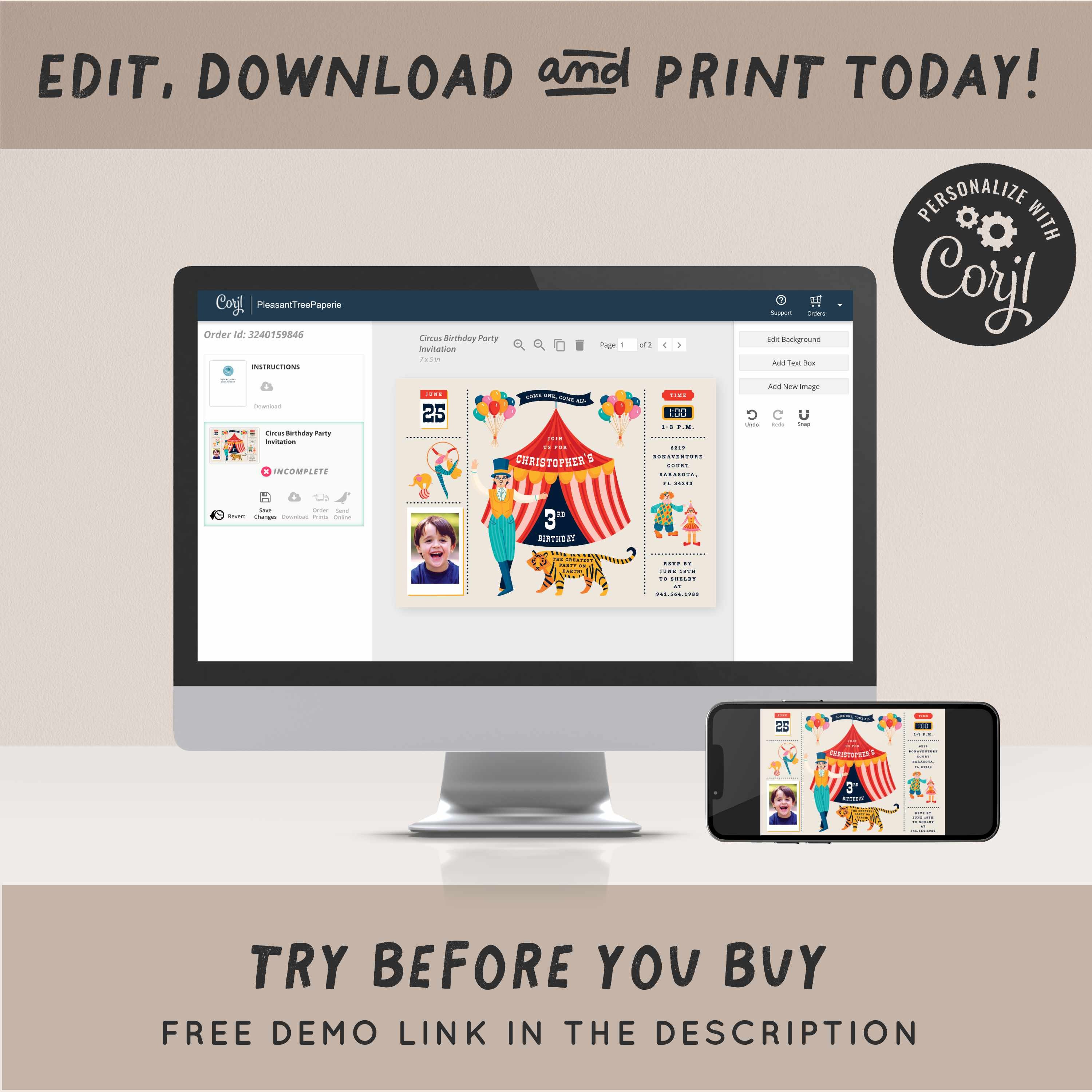 Editable Retro Circus Birthday Invitation Template With Photo Come One ...