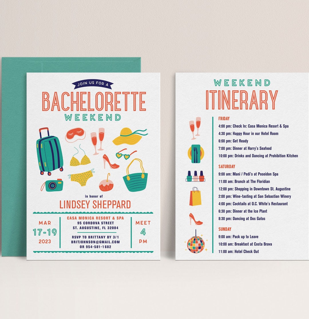 Editable Bachelorette Weekend Invitation Itinerary Template Modern ...