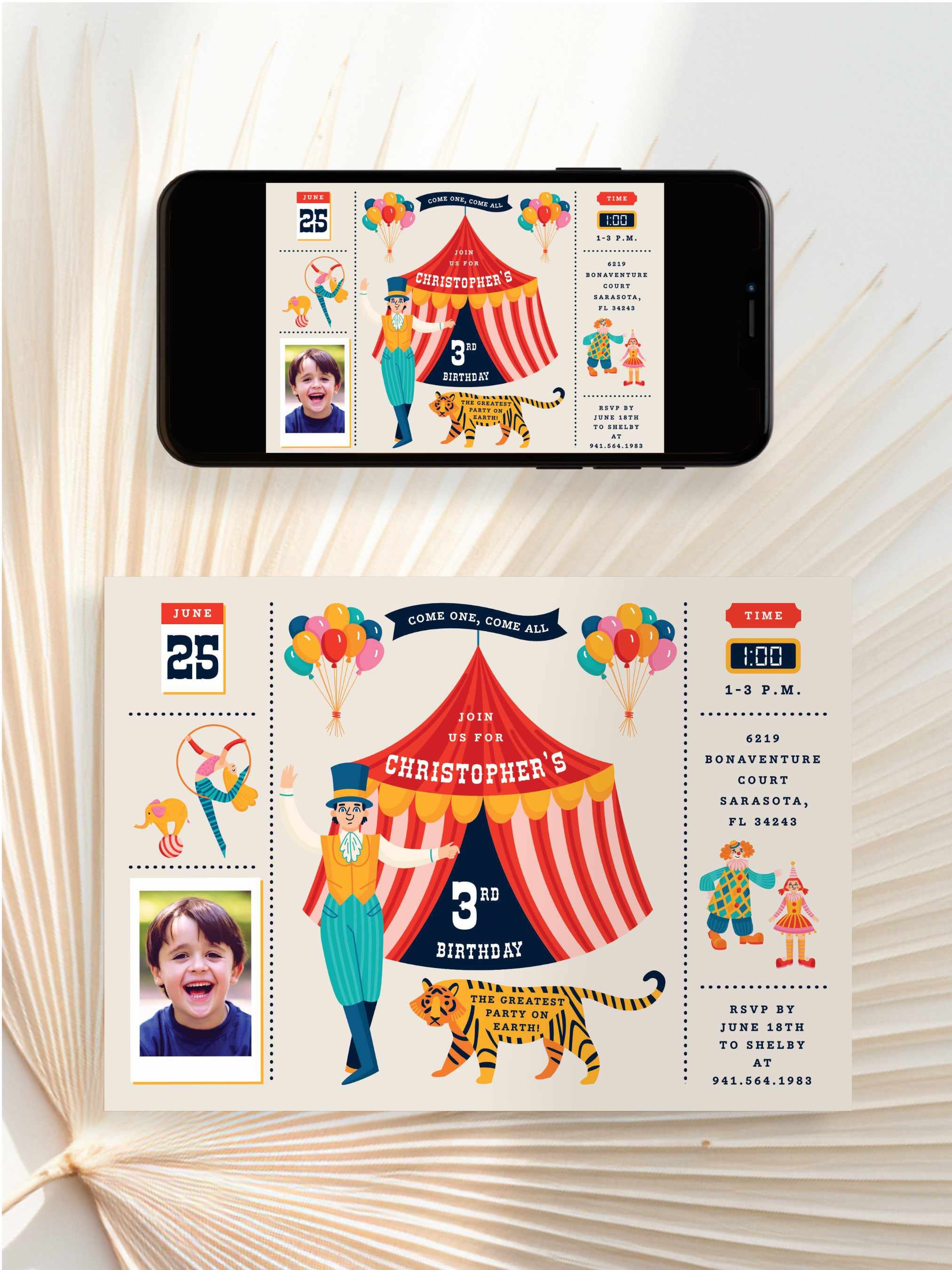 Editable Retro Circus Birthday Invitation Template With Photo Come One ...