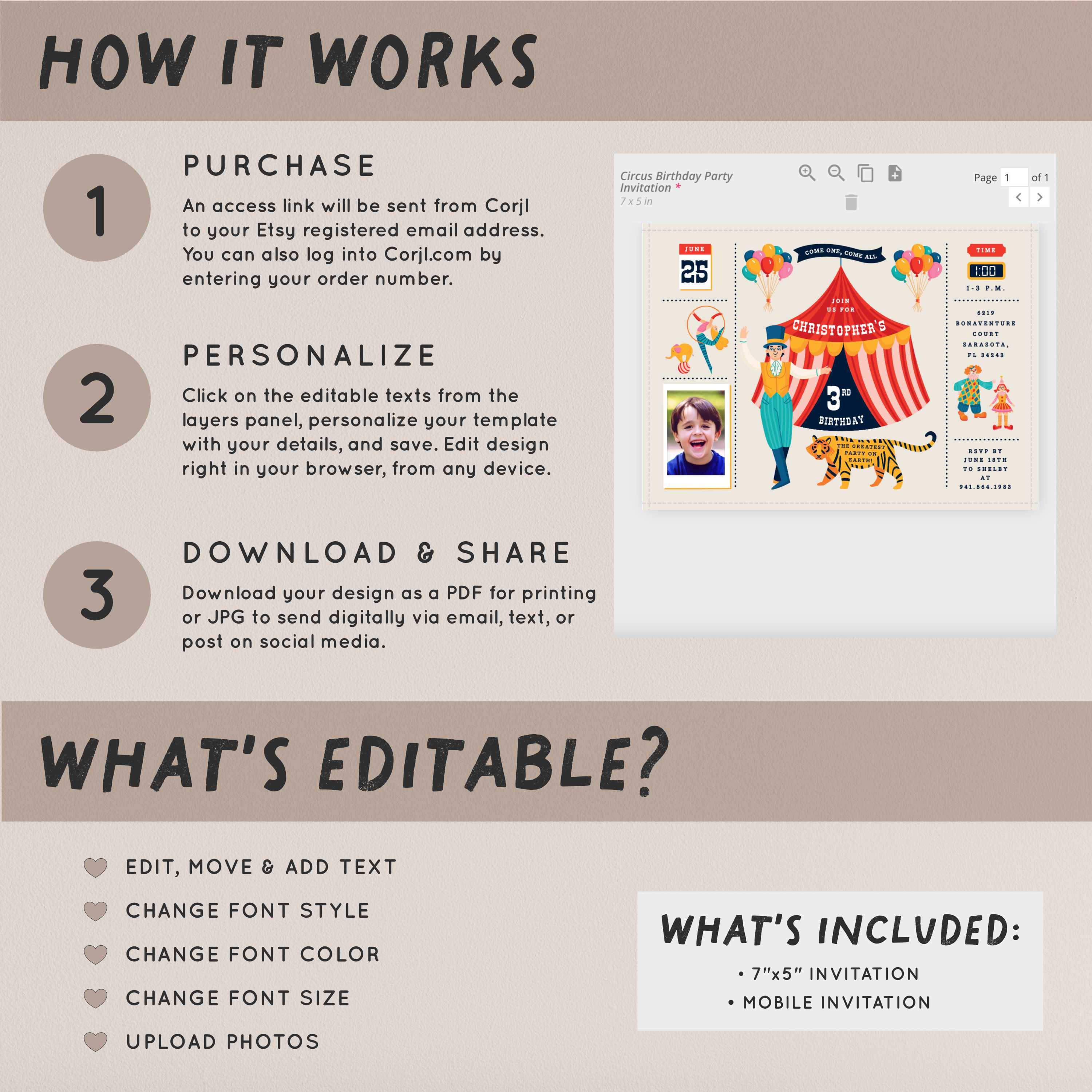 Editable Retro Circus Birthday Invitation Template With Photo Come One ...