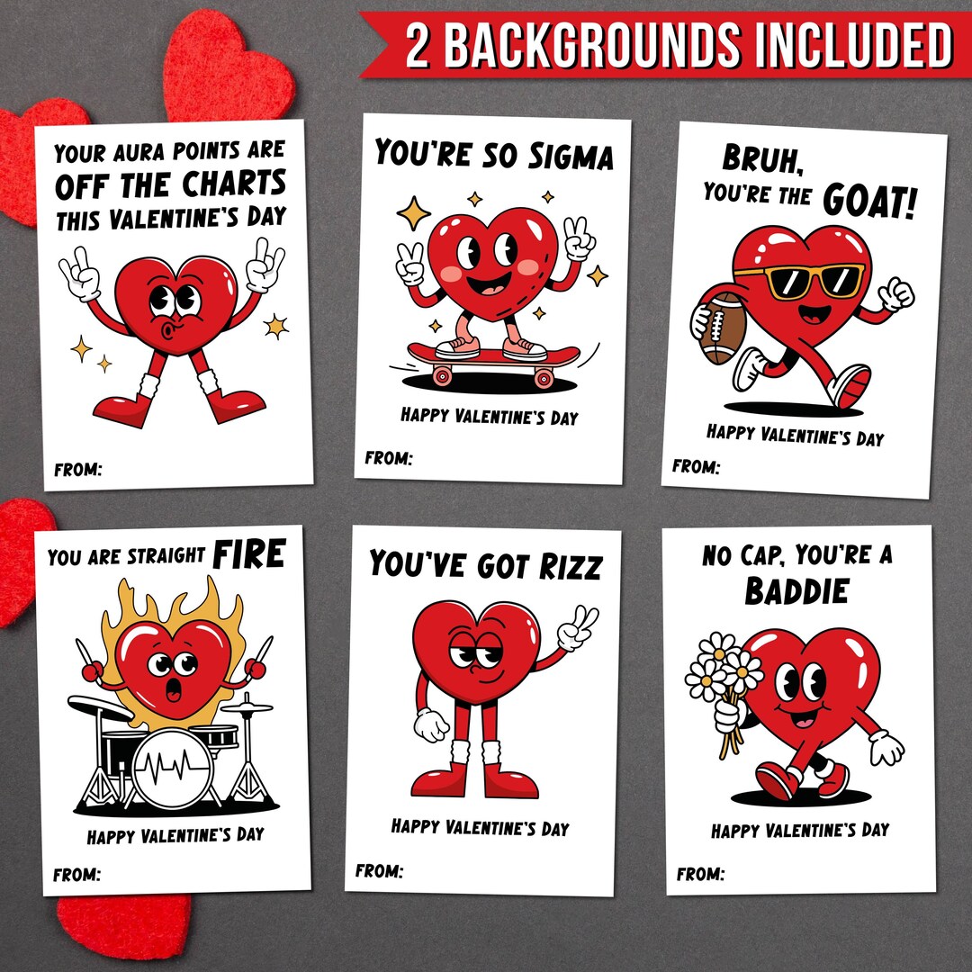 Retro Heart Slang Valentine's Day Cards for Kids, Printable Classroom ...
