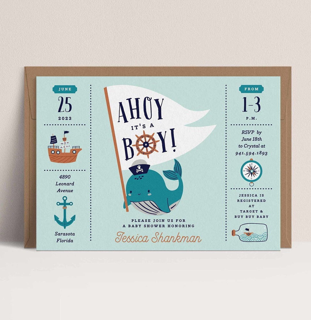 Editable Ahoy It's A Boy Baby Shower Invitation, Blue Whale Baby Shower ...