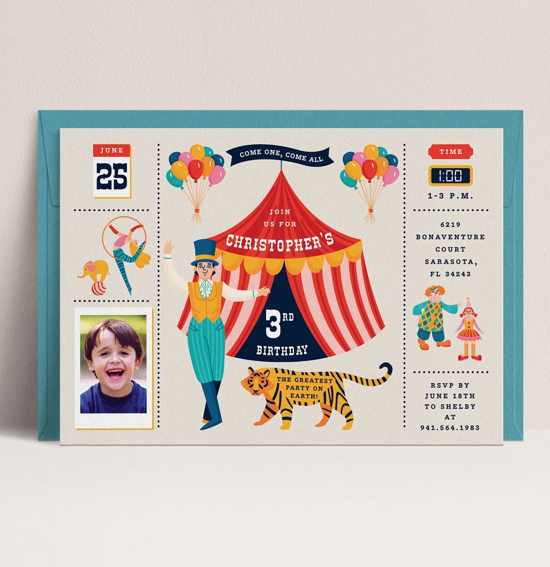 Editable Retro Circus Birthday Invitation Template With Photo Come One ...