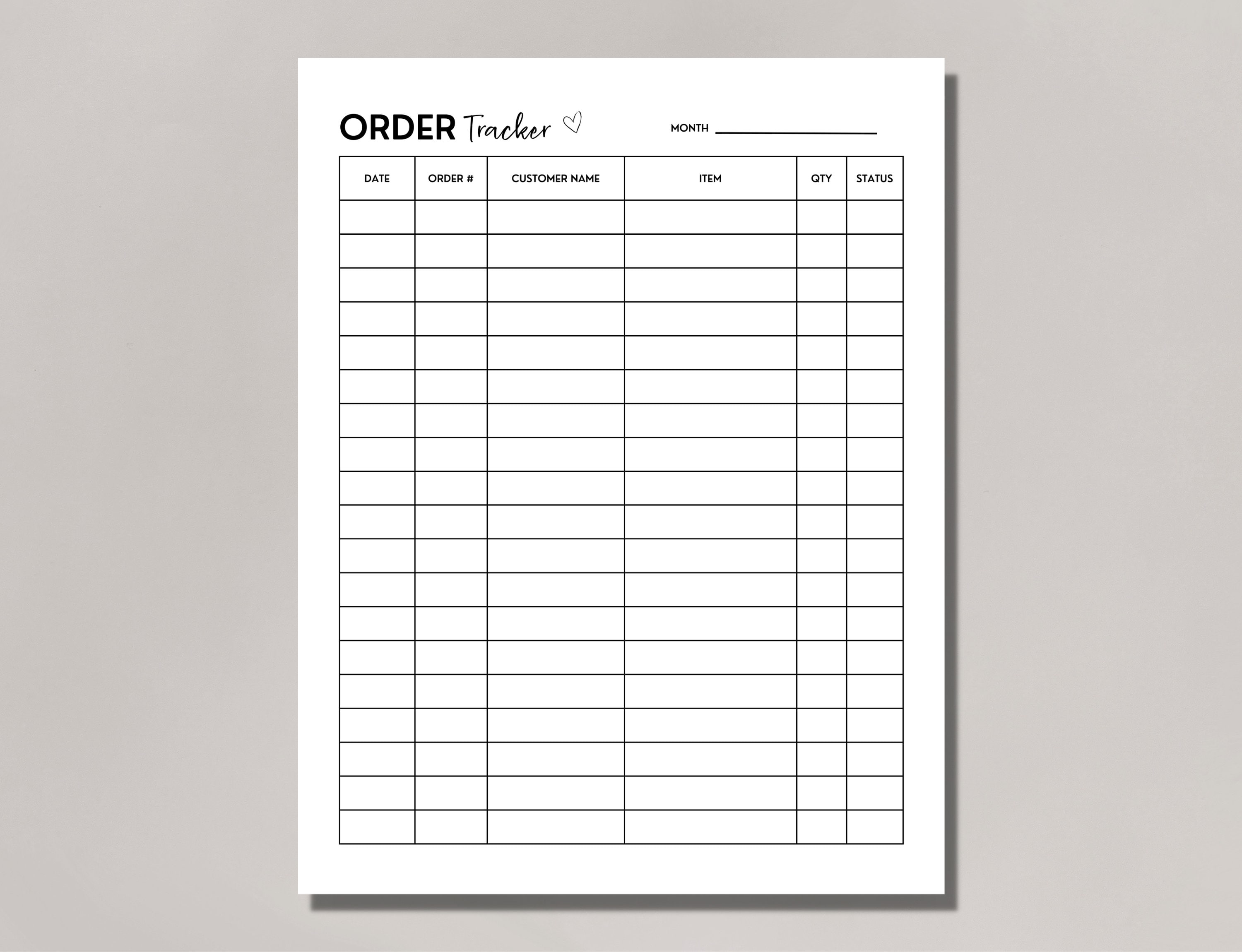 BW Printable Order Tracker, 8 X 11.5 ", Small Business Order Form ...