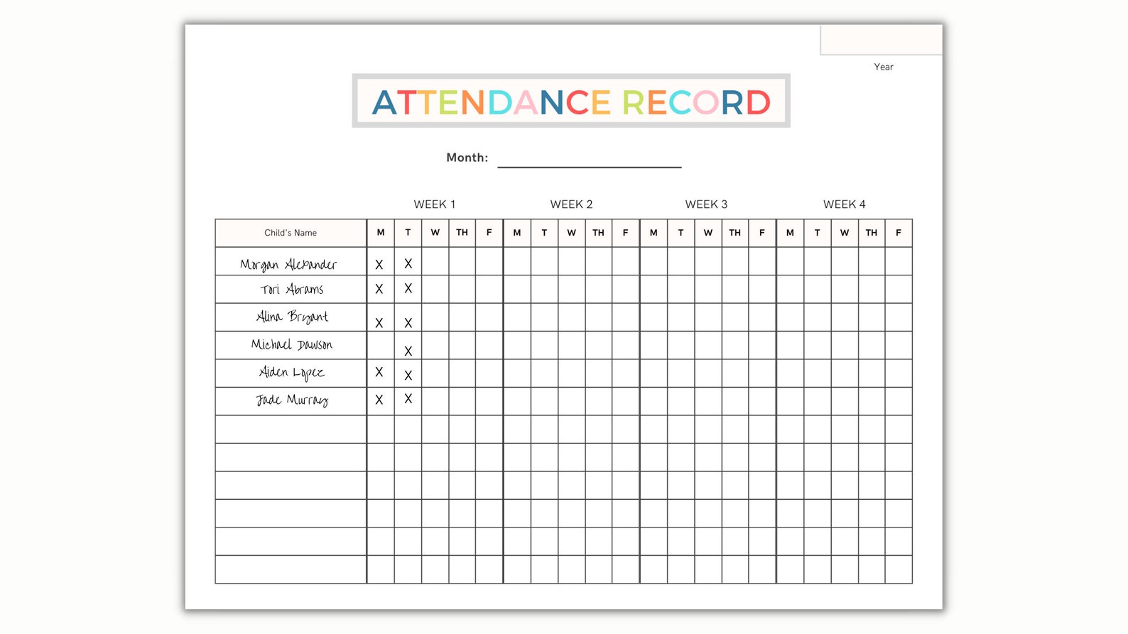 Editable Monthly Student Attendance Sheet (4 Weeks), 11 X 8.5 ...