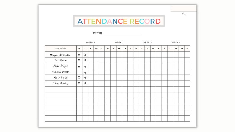 Editable Monthly Student Attendance Sheet (4 Weeks), 11 X 8.5 ...