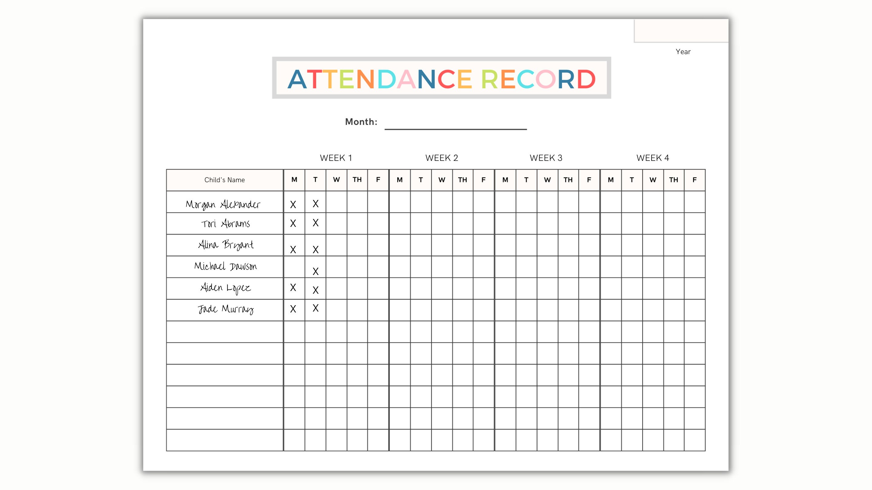Editable Monthly Student Attendance Sheet (4 Weeks), 11 X 8.5 ...