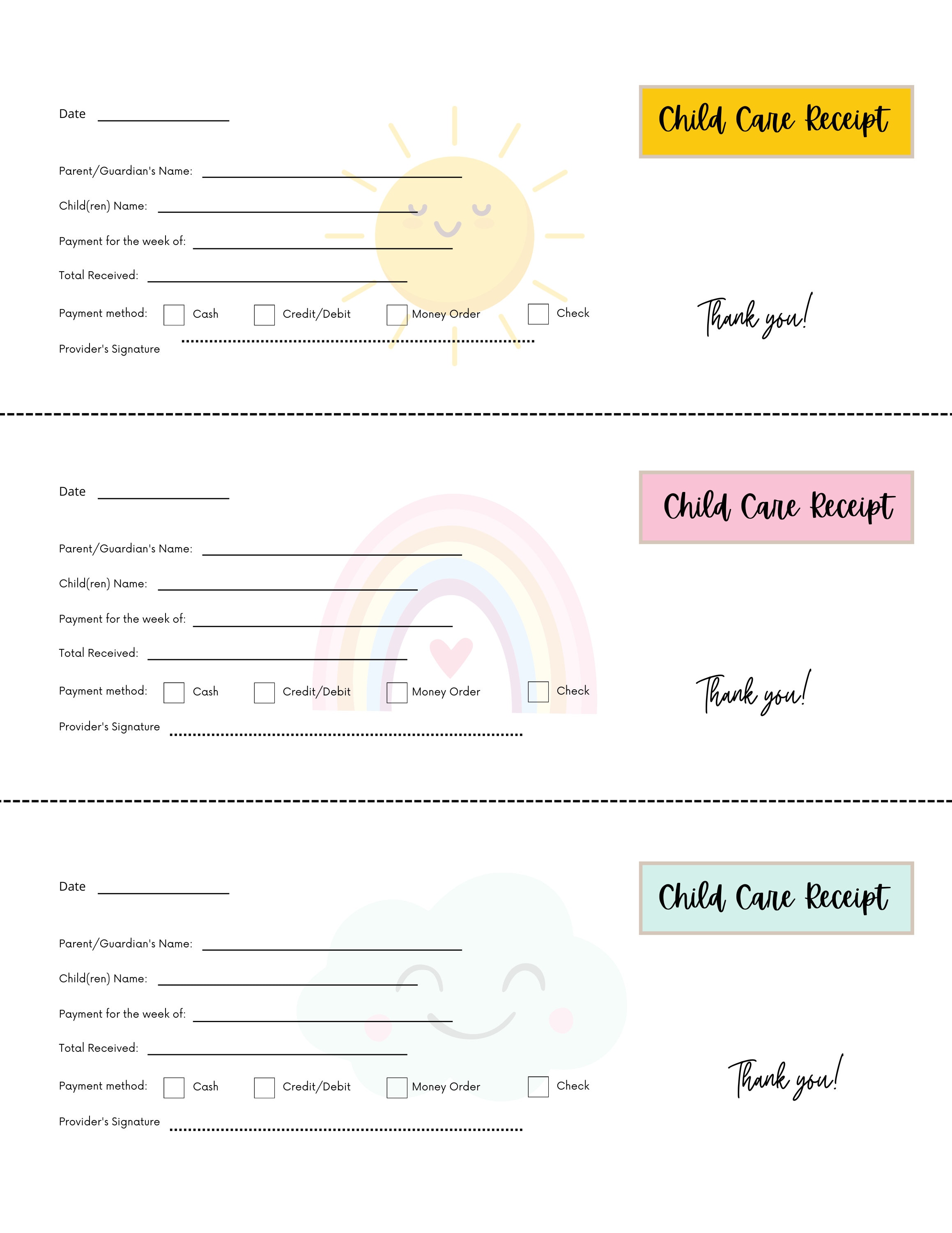 Single Sheet of Child Care Receipt Templates, Printable Child Care ...
