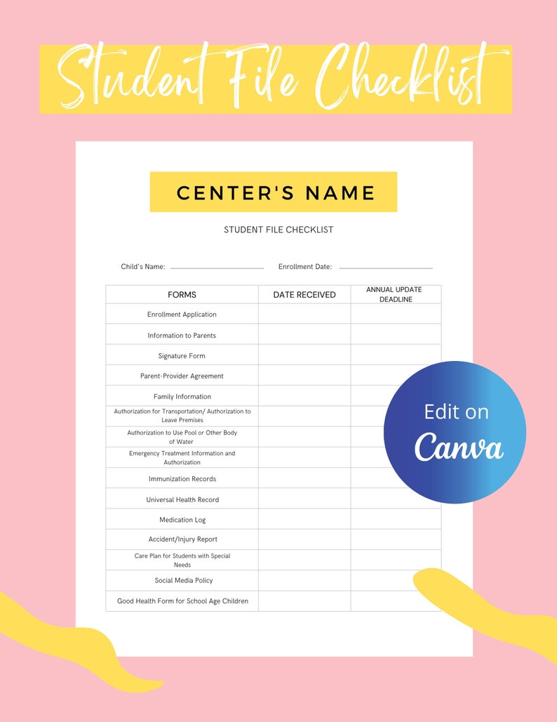 Student File Checklist, Daycare Files, Child Care Document Organization ...