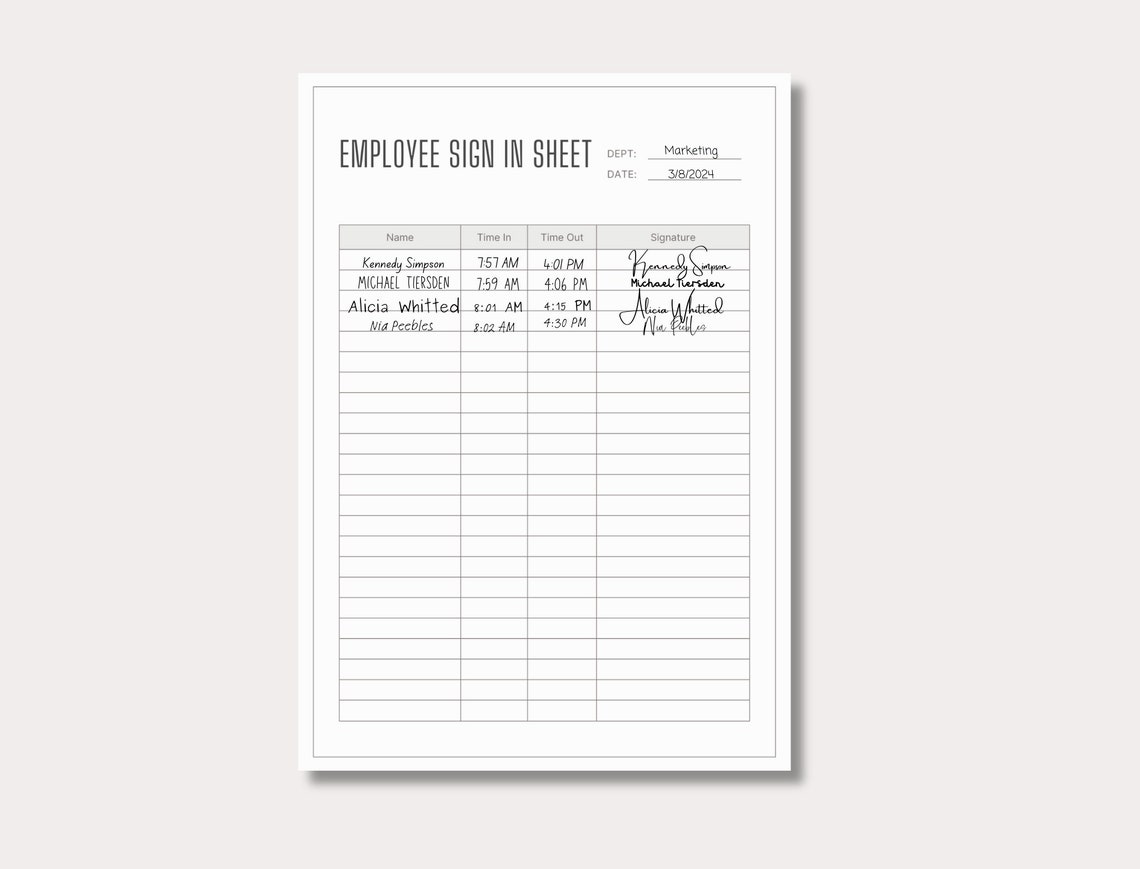 Employee Sign in Sheet Template, Attendance Tracker, Office Attendance ...