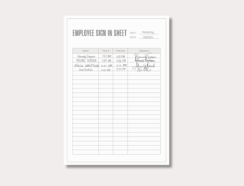 Employee Sign in Sheet Template, Attendance Tracker, Office Attendance ...