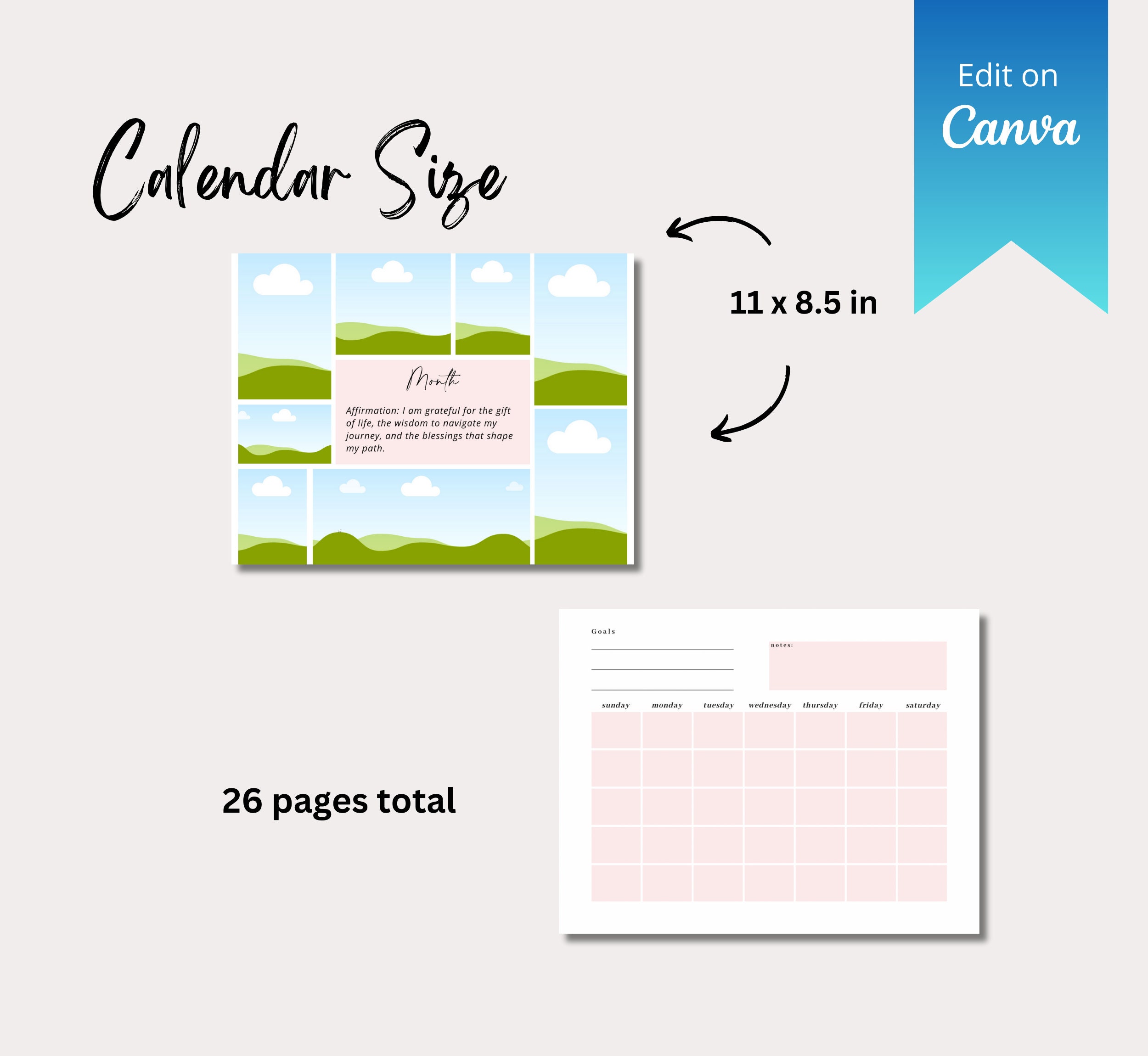 Printable Calendar, Digital Vision Board Calendar, Editable Affirmation ...